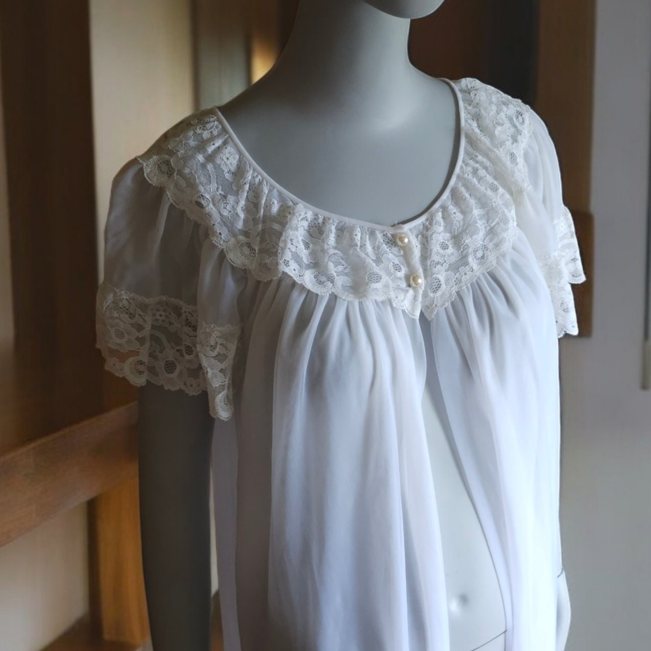 Vintage White Chiffon Robe Shawl Cape Sheer Nylon Full Sweep Lace Pearl ...