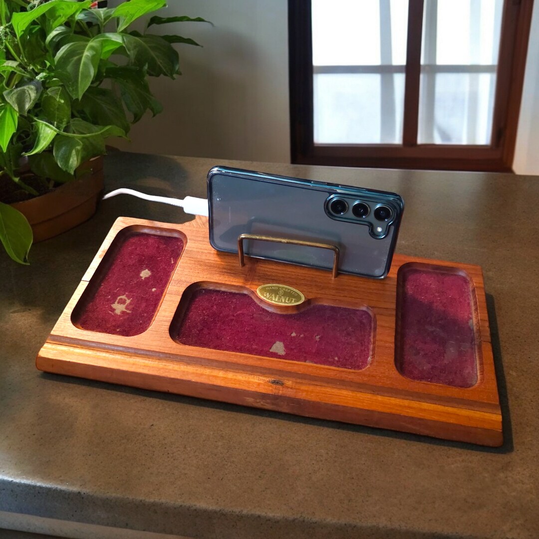 Vintage Walnut Valet Men's Bedside Tray, Night Stand Jewelry Wallet ...