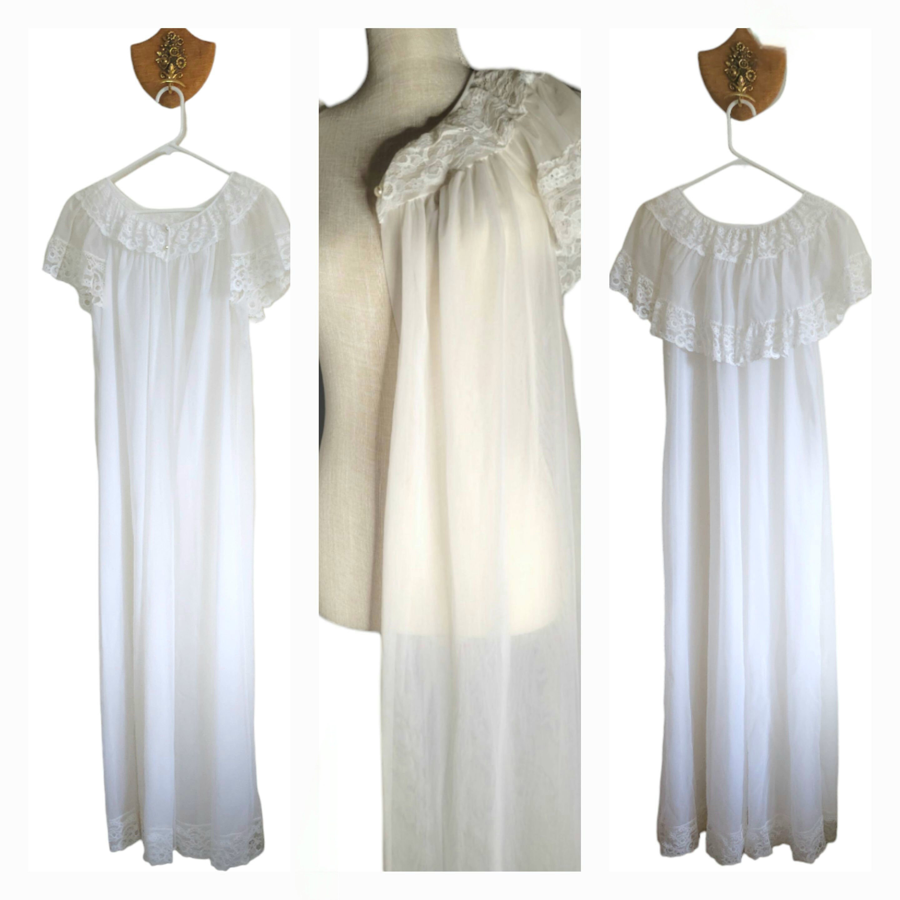 Vintage White Chiffon Robe Shawl Cape Sheer Nylon Full Sweep Lace Pearl ...