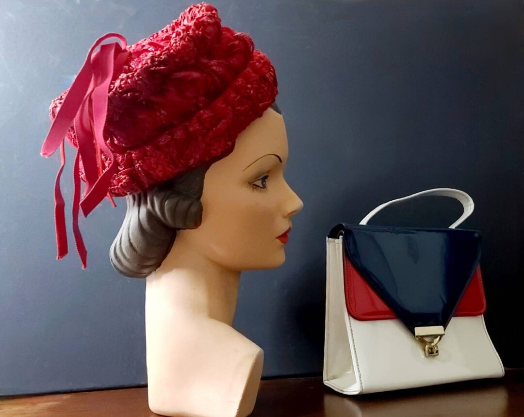 Red Vintage Pillbox Hat Woven Fabric Netting and Ribbon by Vogue Hats ...