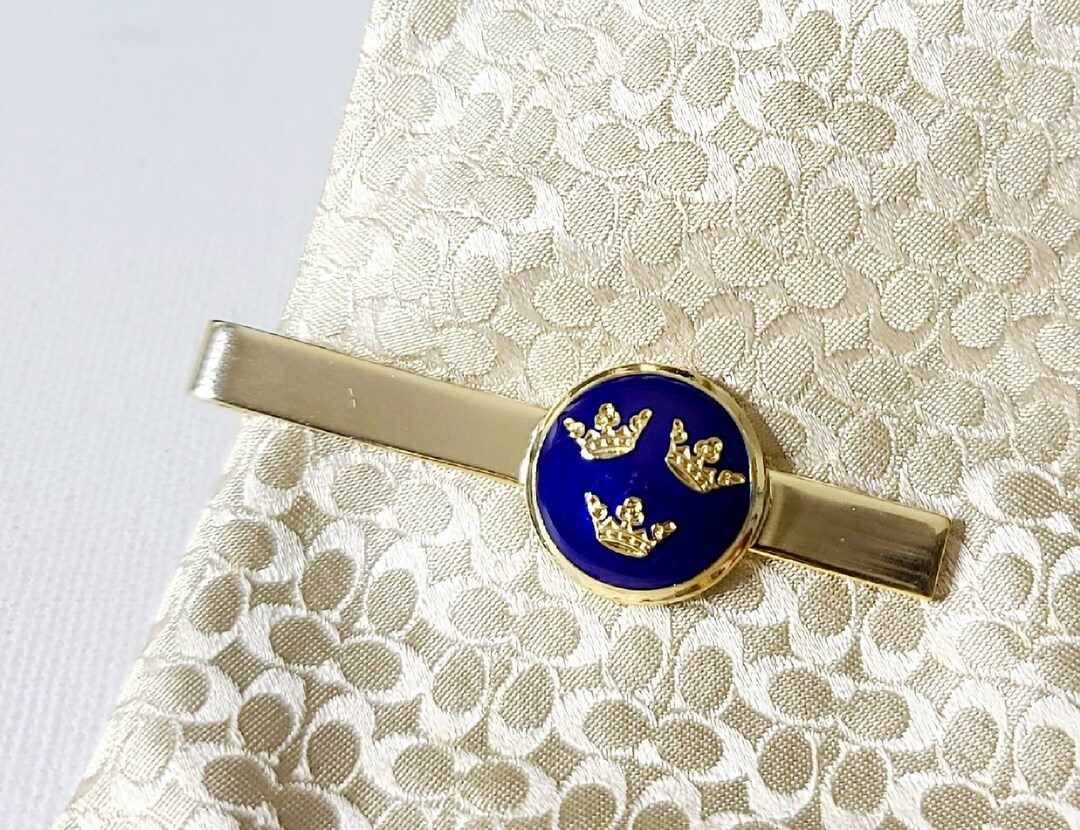 Vintage Crown Tie Clip Blue Enamel Gold Tone Metal Triple Crown Swedish ...