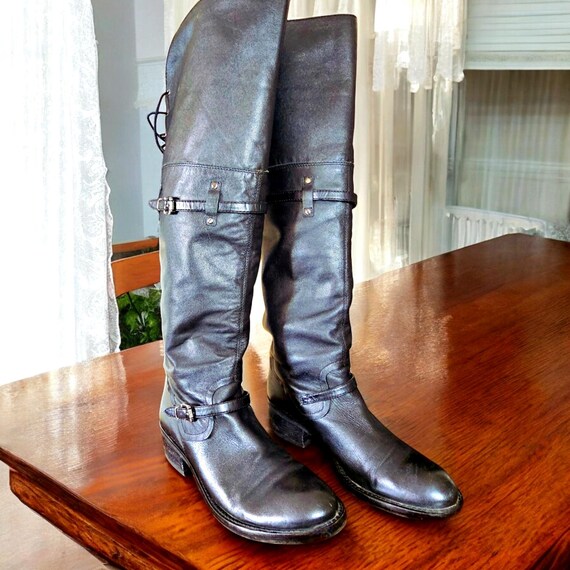 Over-the-Knee Black Leather Boots 21" Shaft Tie Backs… - Gem