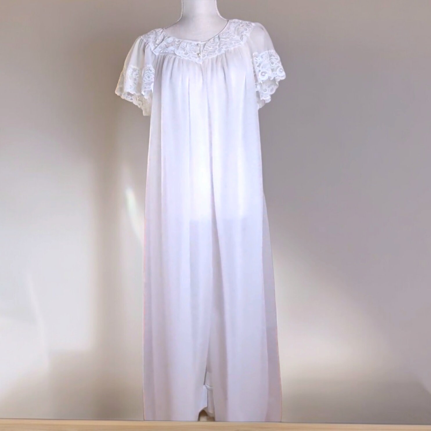 Vintage White Chiffon Robe Shawl Cape Sheer Nylon Full Sweep Lace Pearl ...