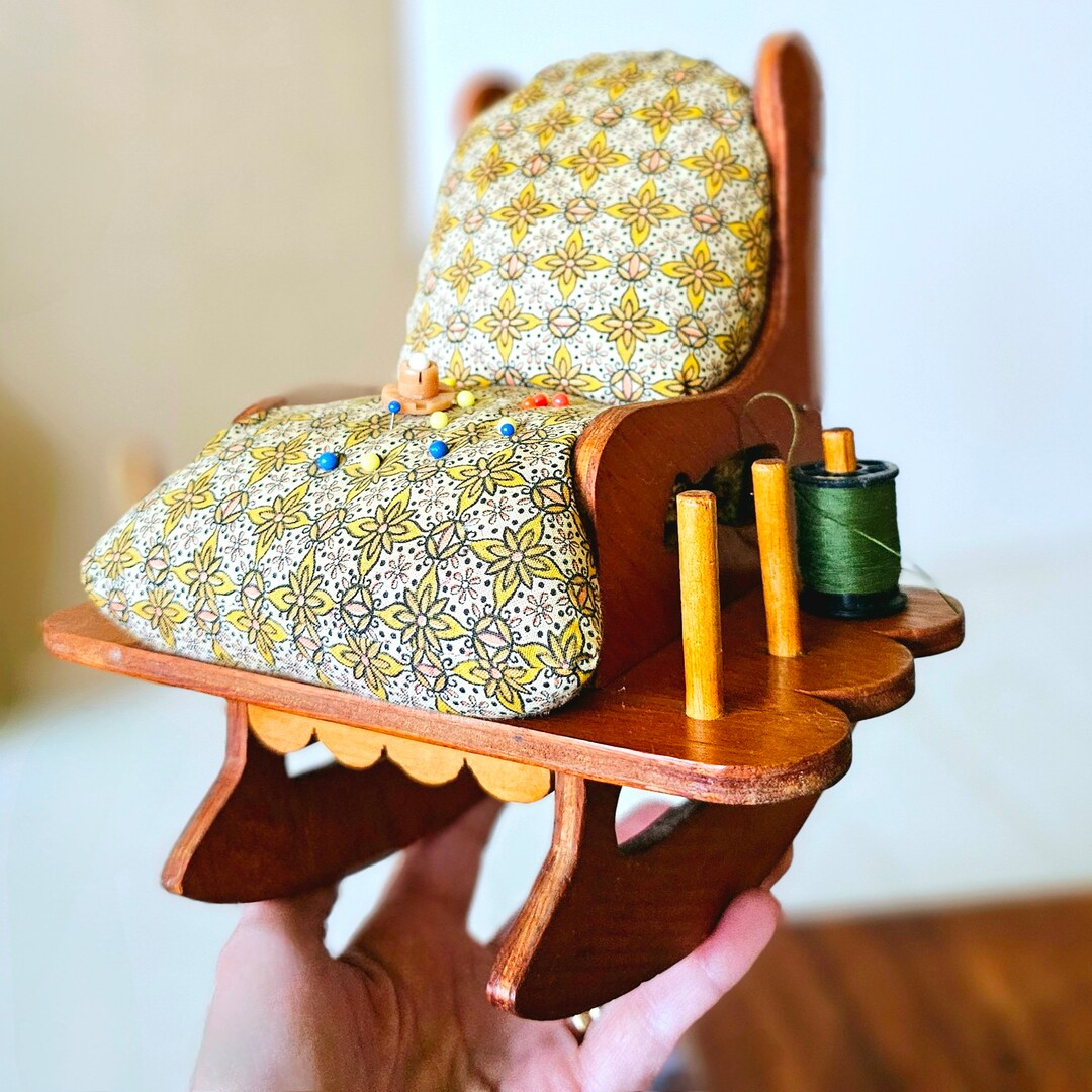 Vintage Hand Crafted Rocking Chair Pin Cushion Thread Spool Holder Mid ...