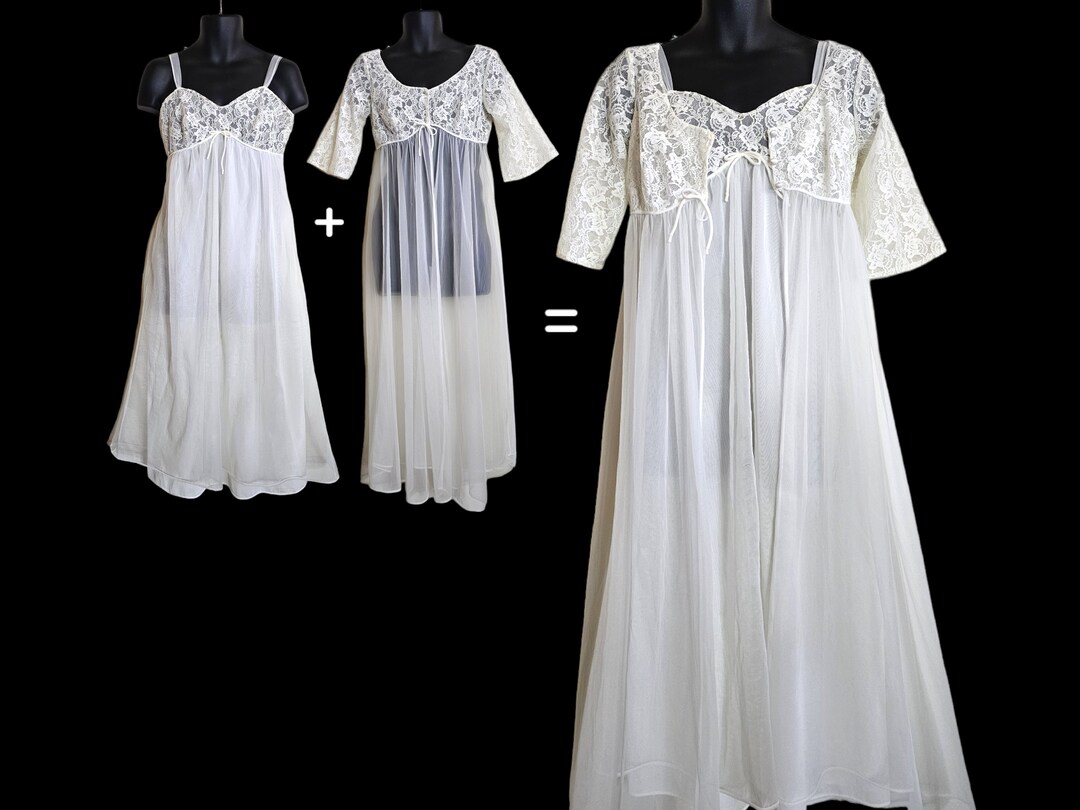 Vtg Lisette White Peignoir Set, Long Babydoll Empire Waist Lace and ...
