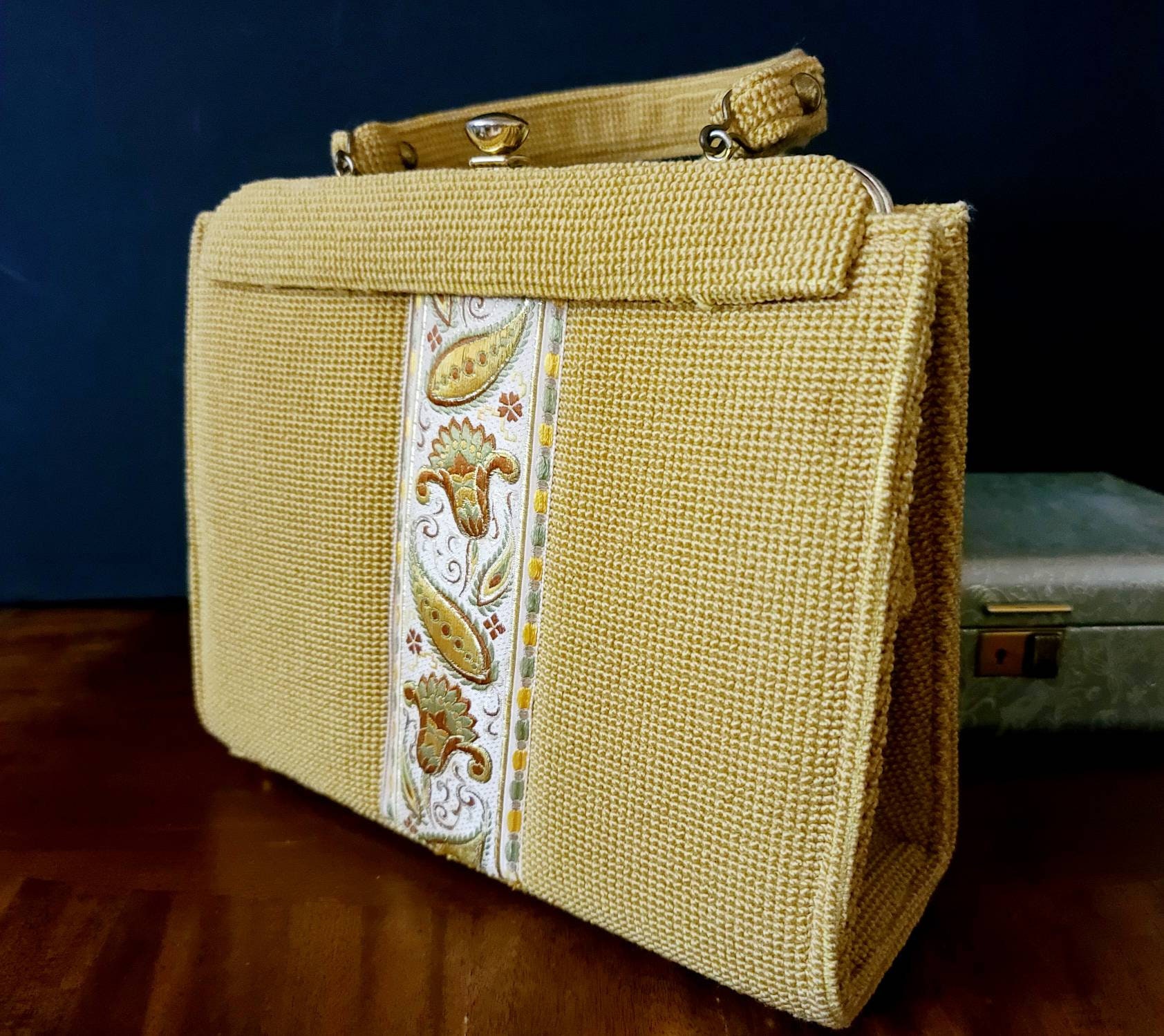 RARE 1950s Faye Mell Design Fleurette Tapestry Handbag Mustard Gold ...