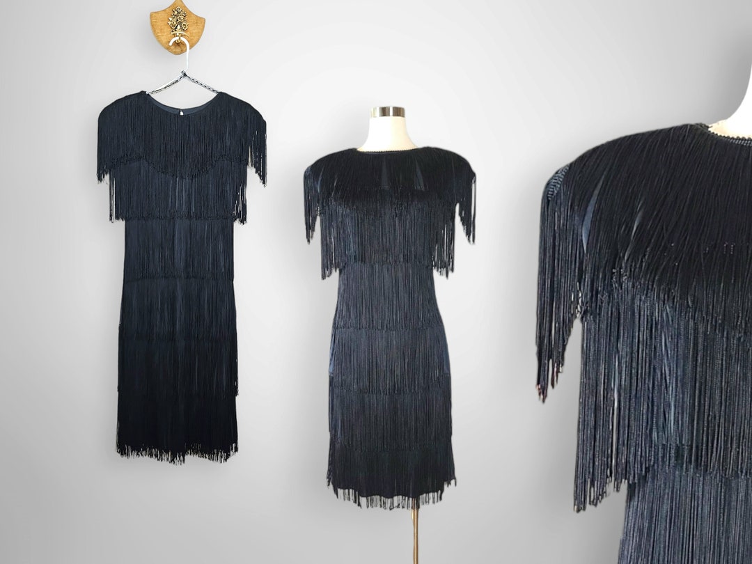 Black Flapper Style Layered Fringe Dress Size 14 Vintage 90's Cocktail ...