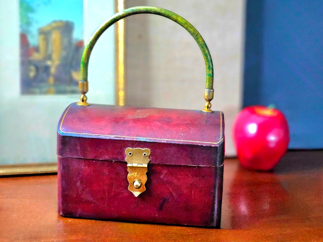 Antique Train Case Handbag With Brass Handle, Top Handle Bag Box Purse ...