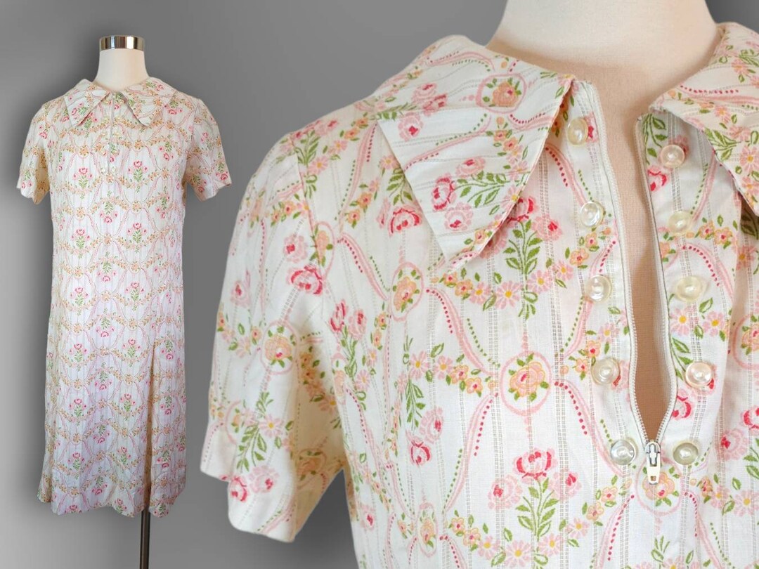 1960s Union Made Shirtdress With Tapered Pointy Barrymore Collar ILGWU ...