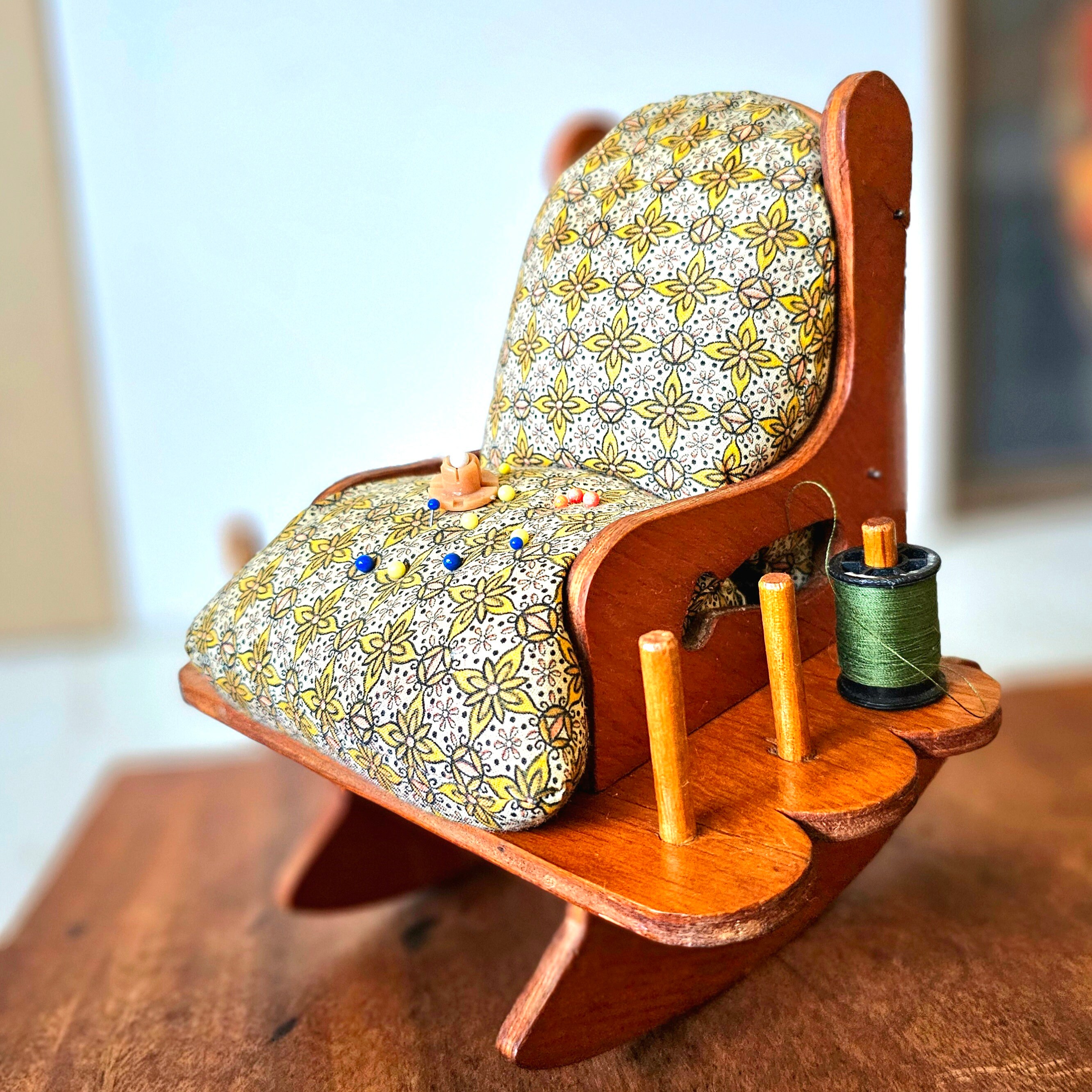 Vintage Hand Crafted Rocking Chair Pin Cushion Thread Spool Holder Mid ...