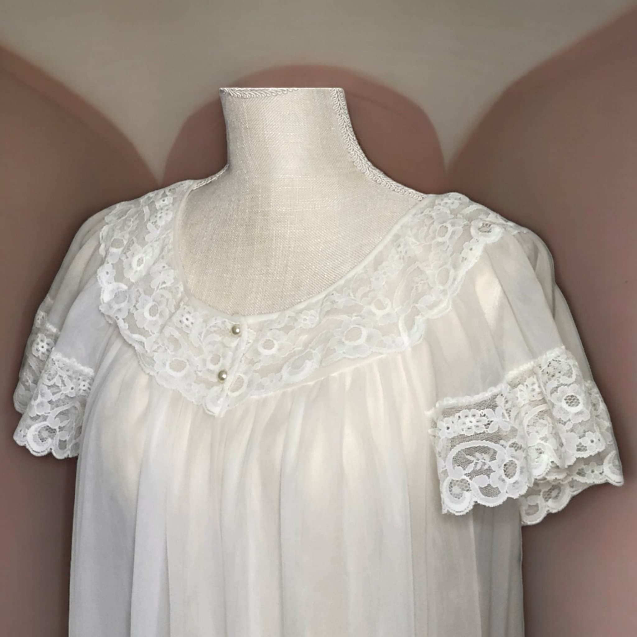 Vintage White Chiffon Robe Shawl Cape Sheer Nylon Full Sweep Lace Pearl ...