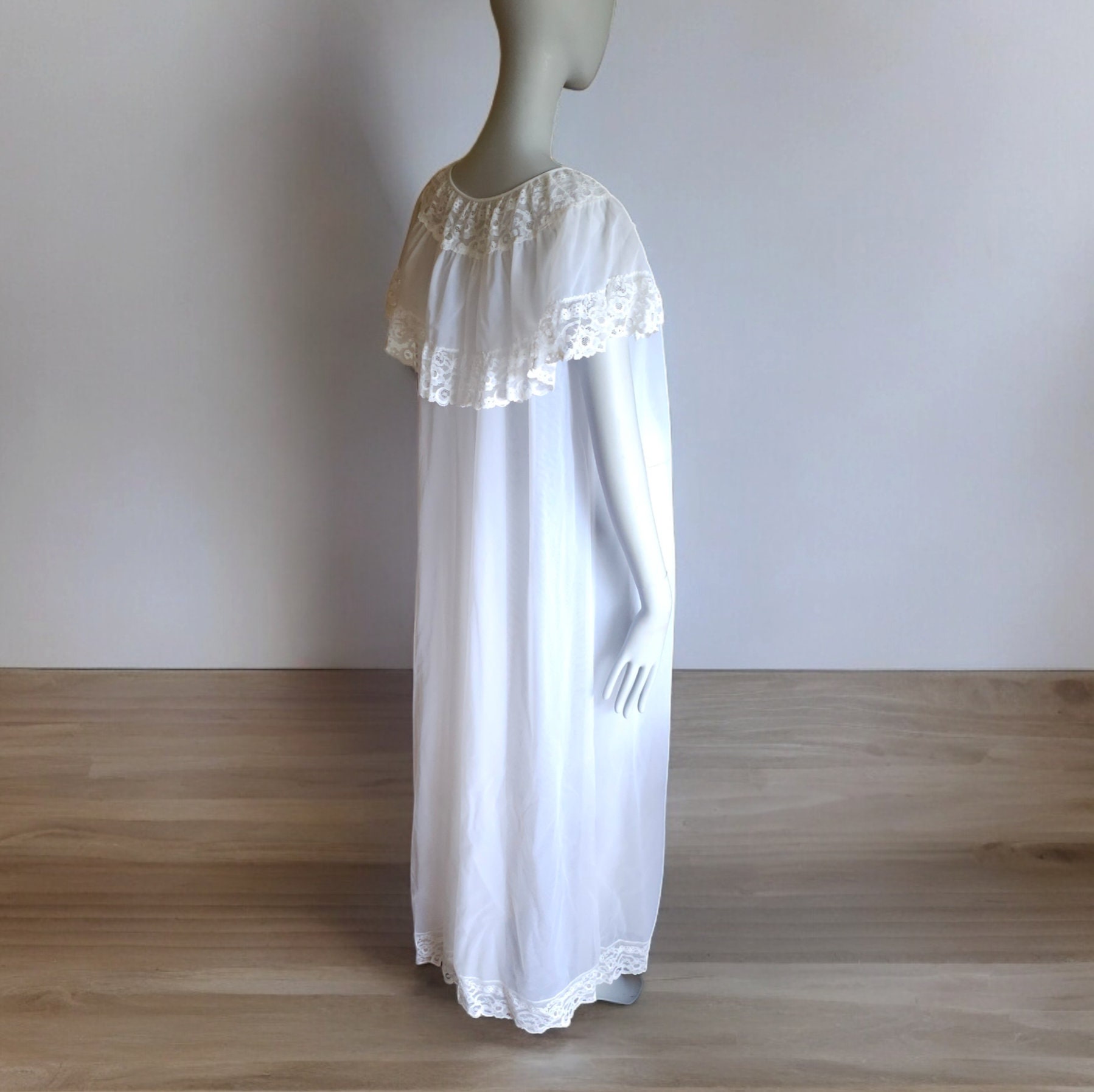 Vintage White Chiffon Robe Shawl Cape Sheer Nylon Full Sweep Lace Pearl ...