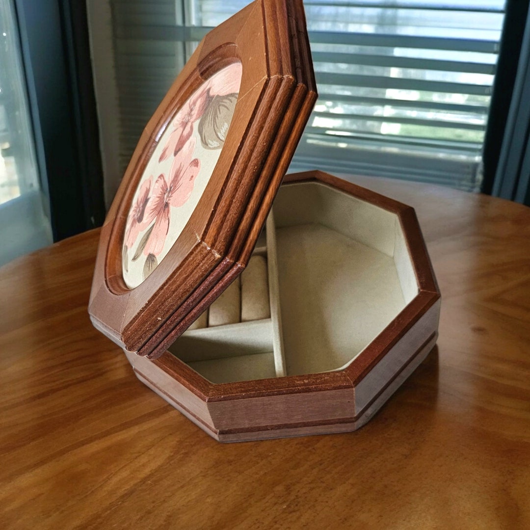 1960s Wood Octagon Jewelry Box Fabric Insert Lid Mirror Taiwan ROC Pink ...