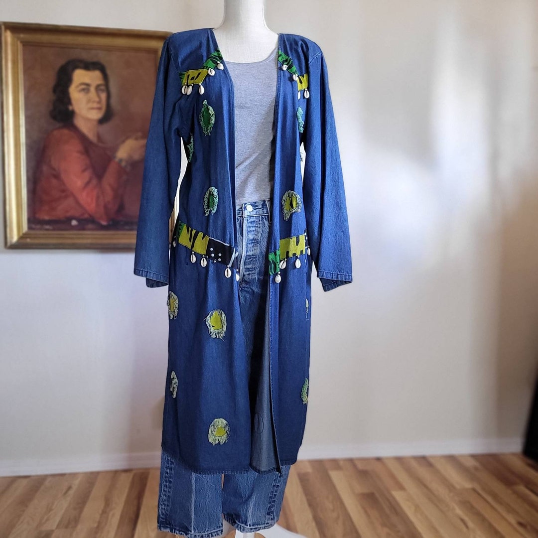1990s Long Denim Duster Midi Coat Southwestern Embroidered - Etsy