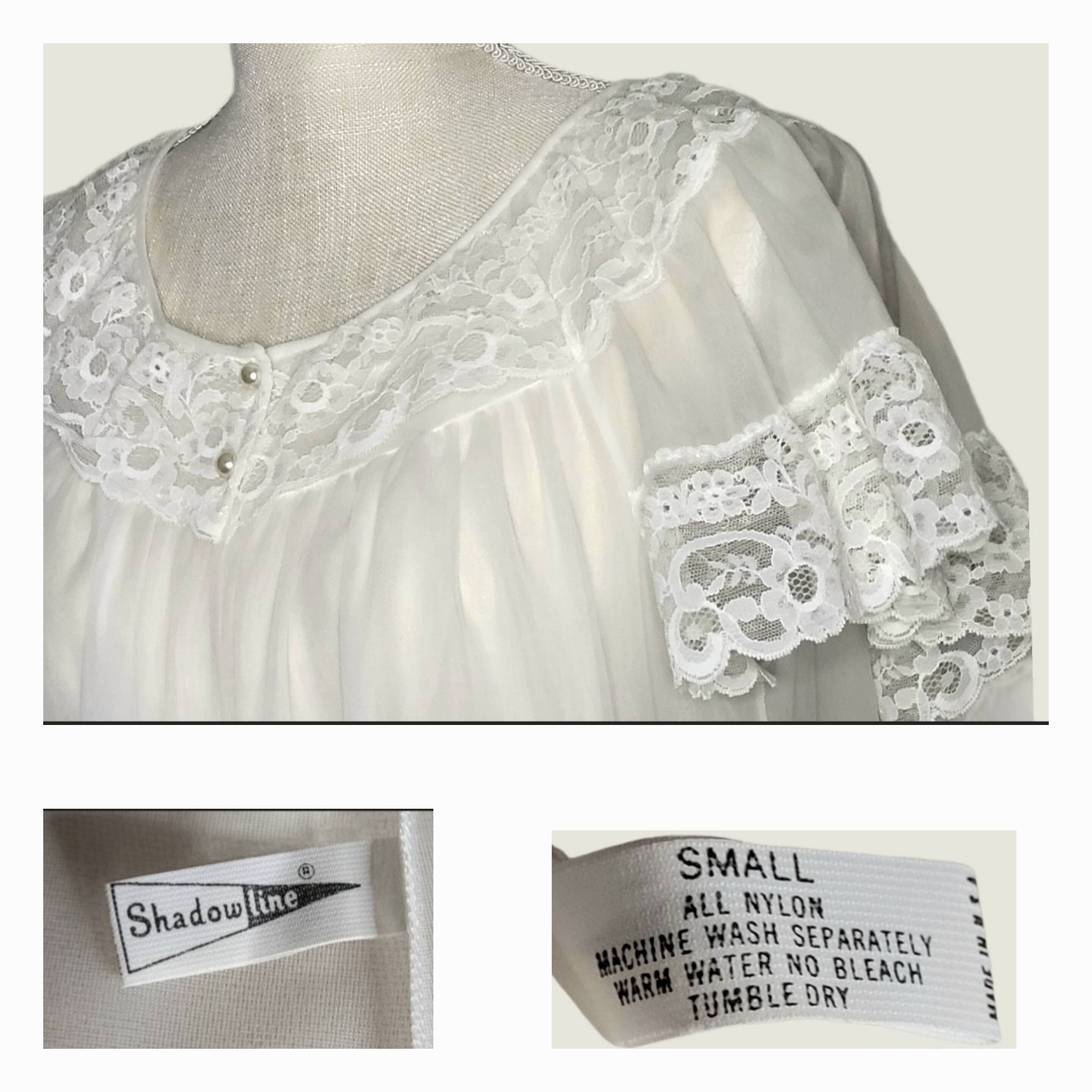 Vintage White Chiffon Robe Shawl Cape Sheer Nylon Full Sweep Lace Pearl ...