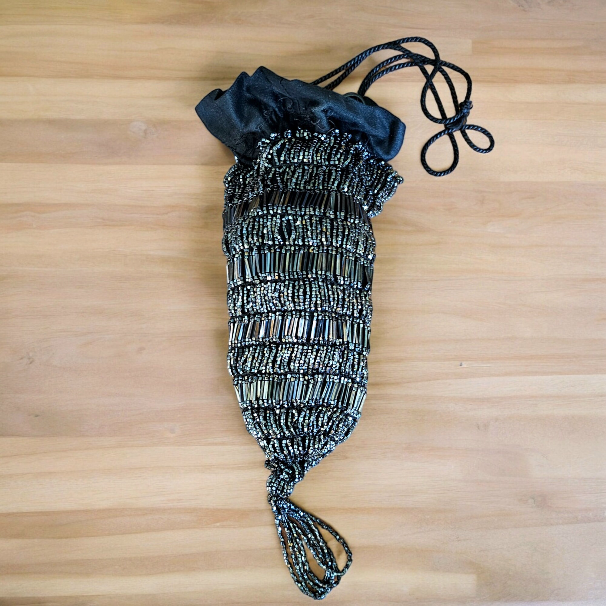 Black Beaded Flapper Bag Reticule Drawstring Pouch Tassels ...