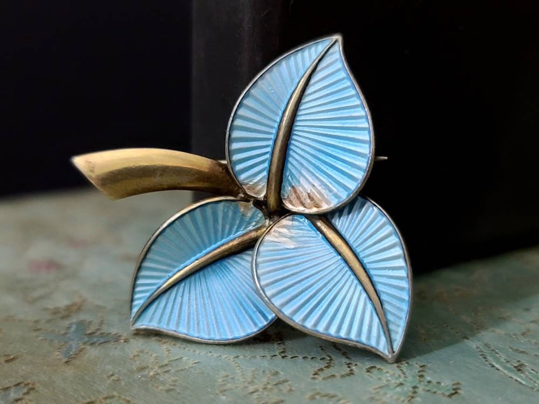 1920s Norwegian GUILLOCH Blue Enamel Over STERLING Silver Leaf Brooch ...