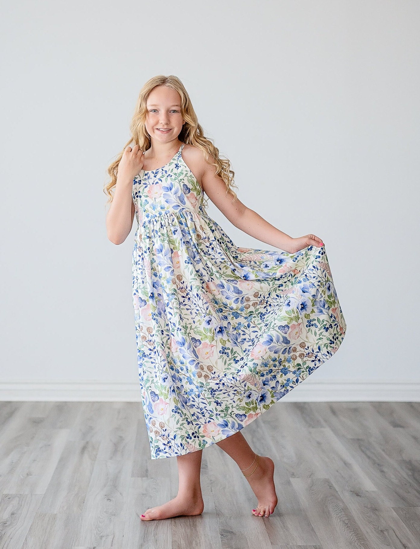 Girls Maxi or Midi Dress Girls Soft Indigo Blue Pink Floral Dress ...