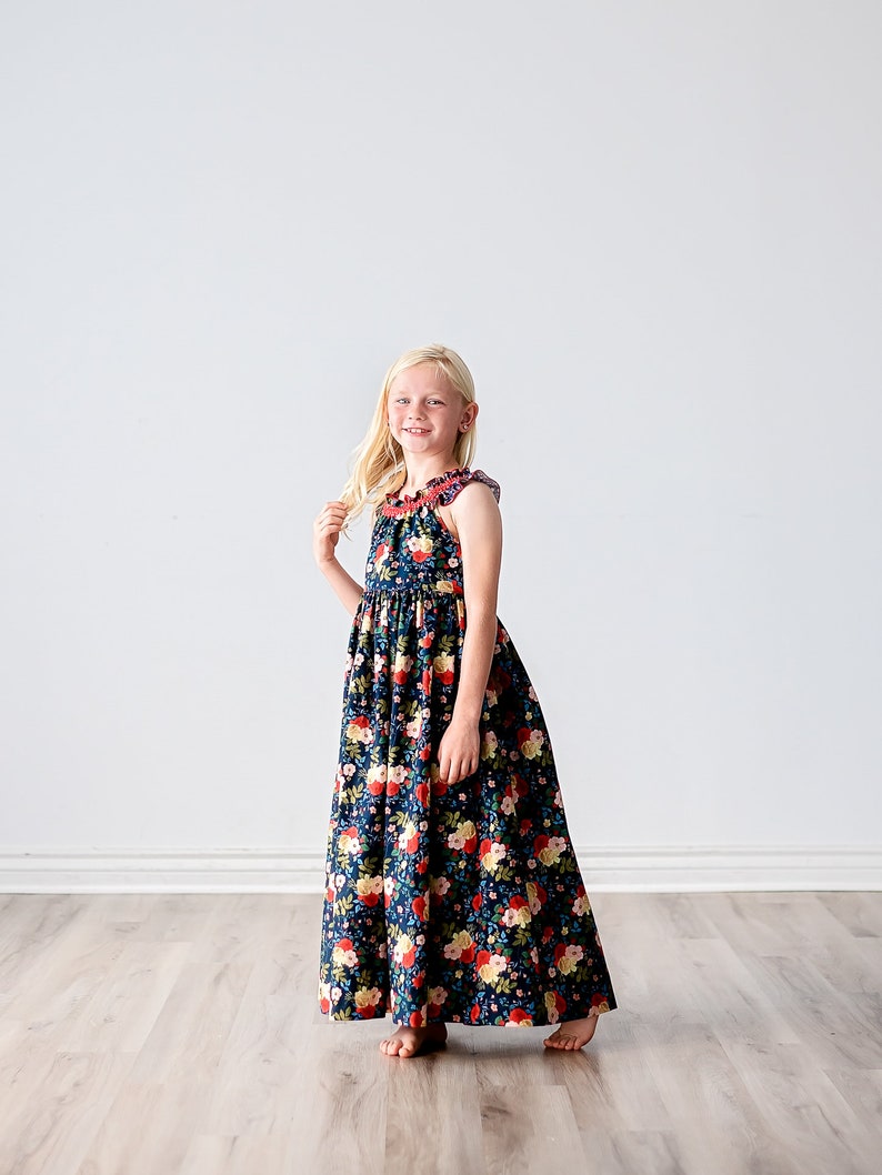 Girls Long Maxi or Midi Dress Girls Navy Red Blonde Yellow Floral Dress ...