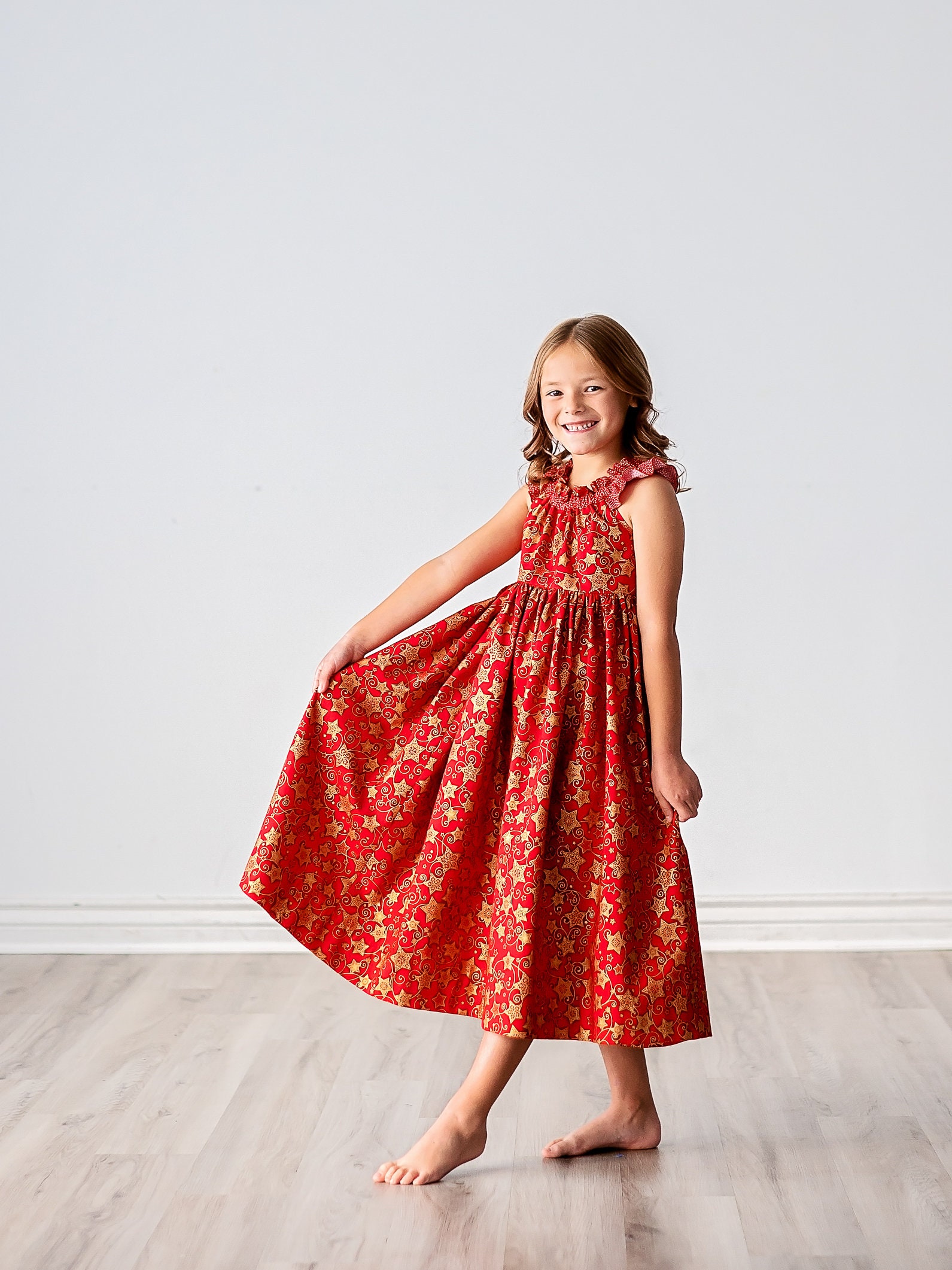 Girls Long Maxi or Midi Dress Girls Red Christmas Metallic Shooting ...