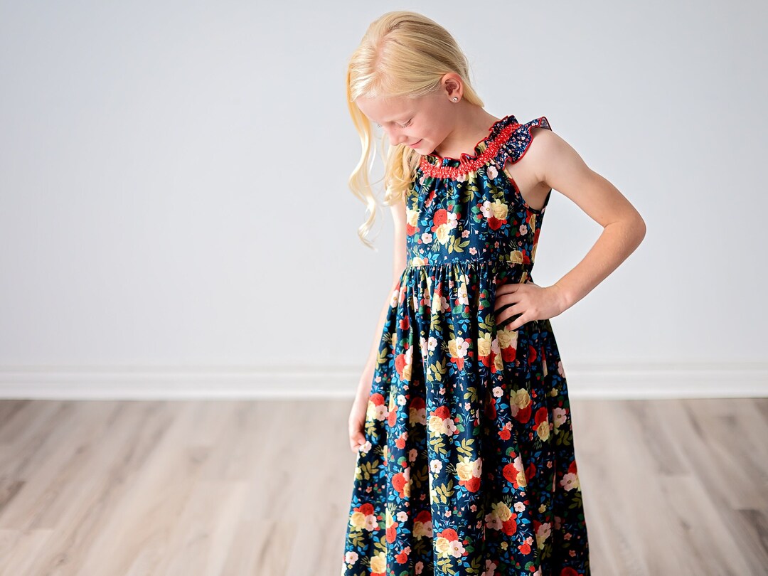 Girls Long Maxi or Midi Dress • Girls Navy Red Blonde Yellow Floral ...