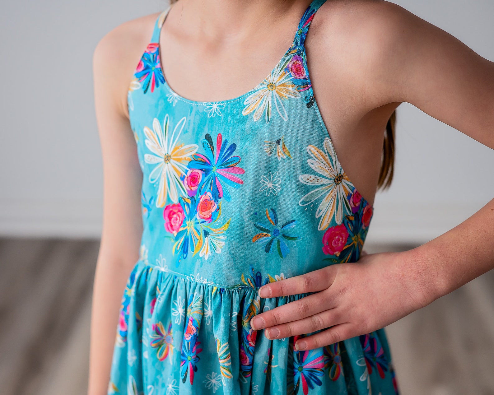 Girls Maxi or Midi Dress • Girls Aqua Blue Pink Floral Sun Dress ...