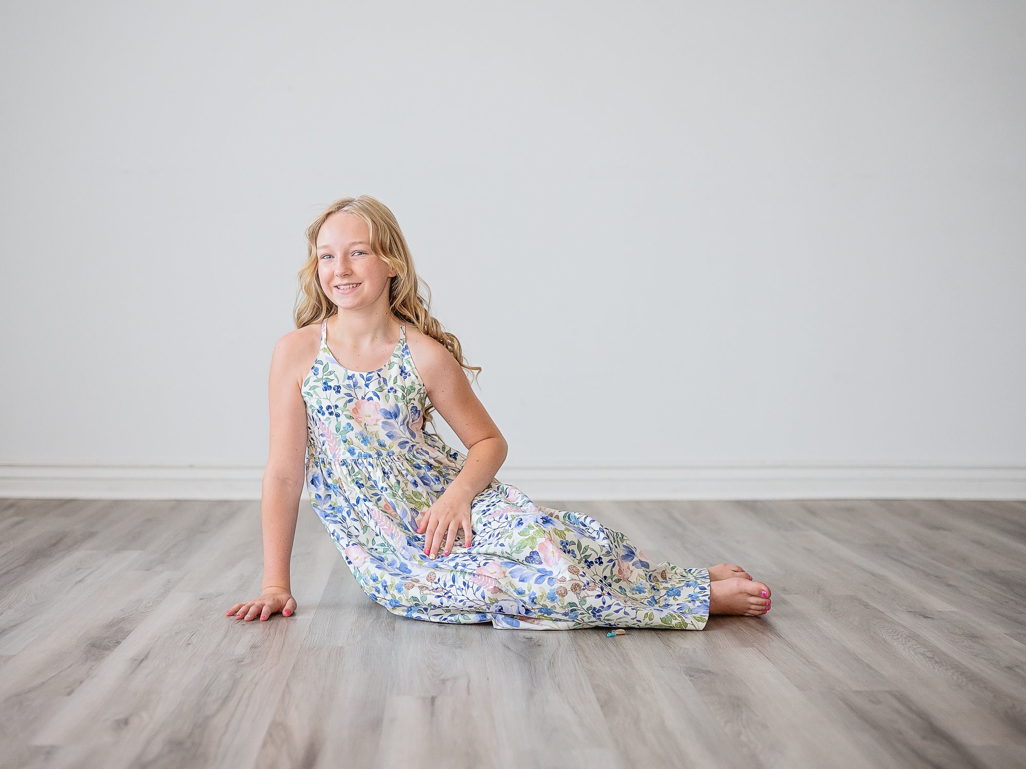 Girls Maxi or Midi Dress Girls Soft Indigo Blue Pink Floral Dress ...