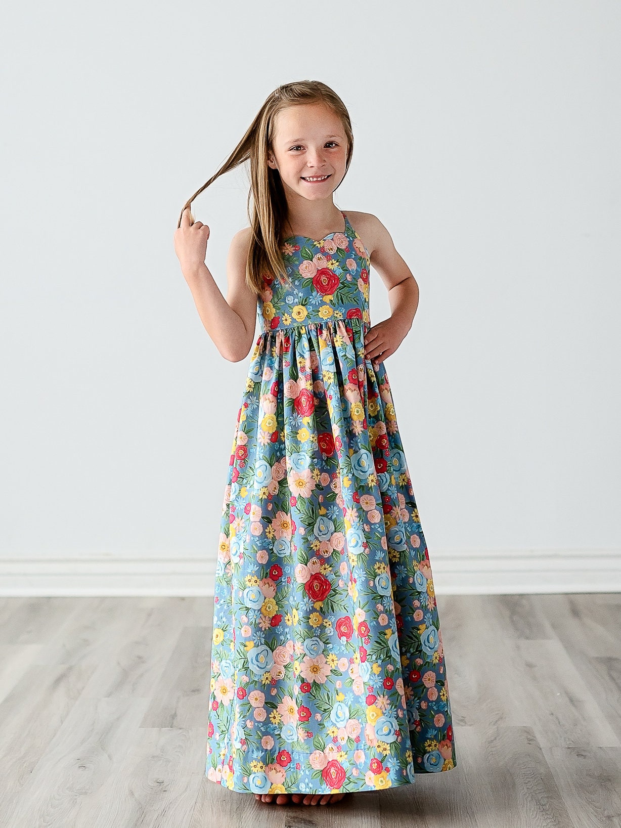 Girls Maxi or Midi Dress Girls Blue Floral Sun Dress Girls Twirling ...