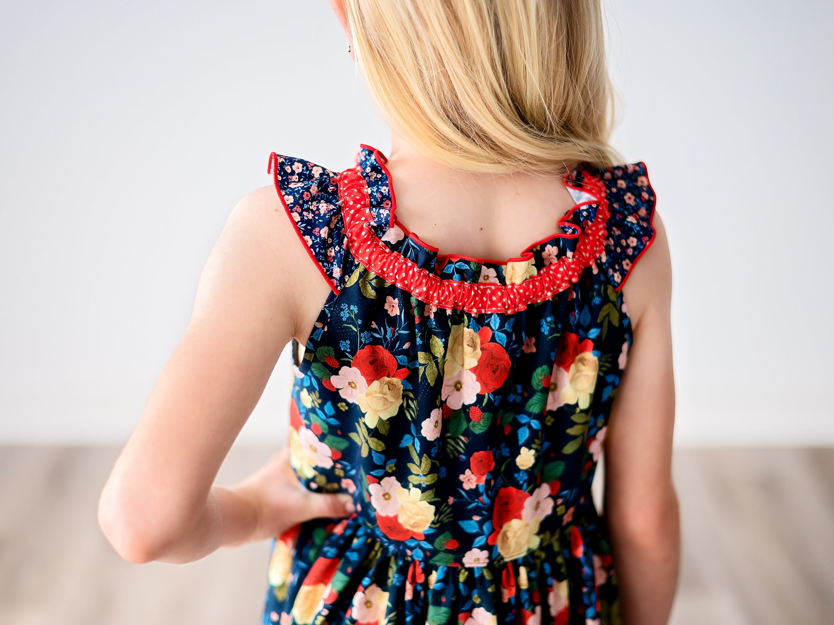Girls Long Maxi or Midi Dress Girls Navy Red Blonde Yellow Floral Dress ...