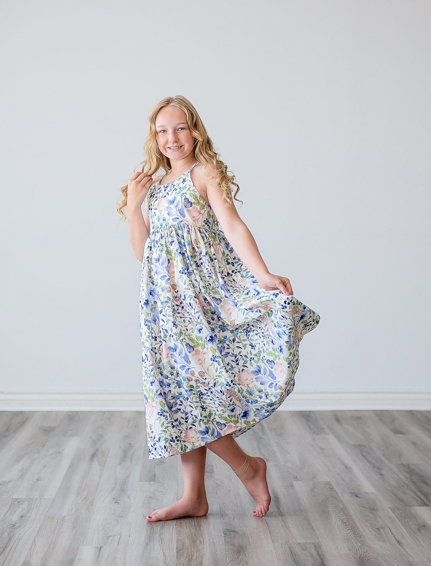 Girls Maxi or Midi Dress Girls Soft Indigo Blue Pink Floral Dress ...
