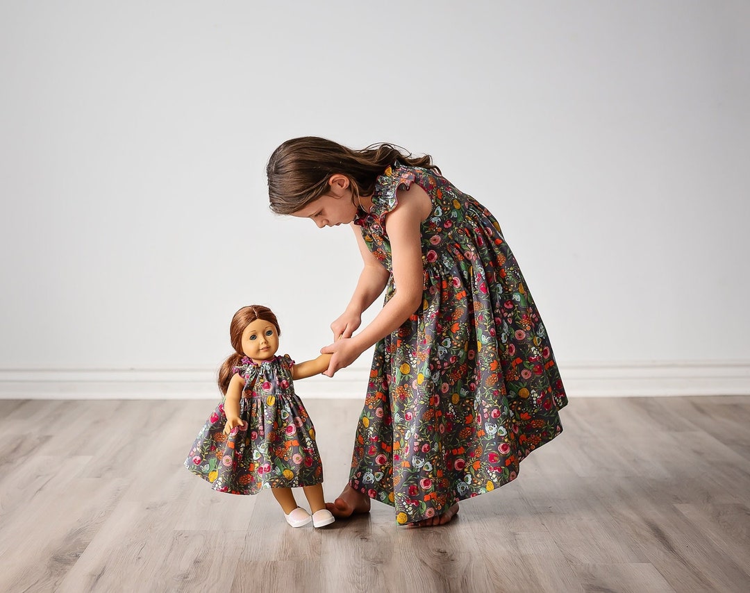 Girl and Doll Matching Dress • Girls Gray Pink Floral Dress • Dolly and ...