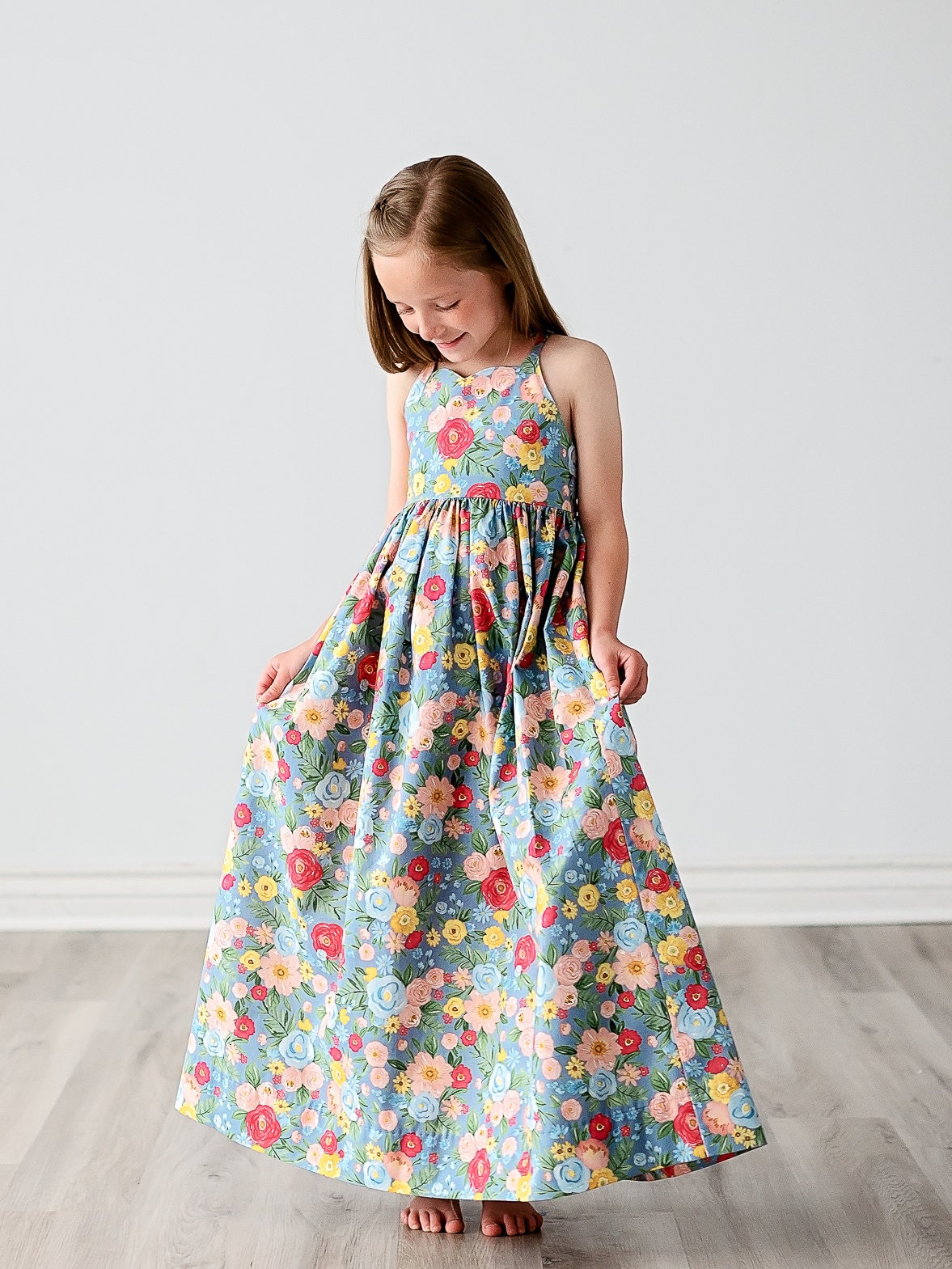 Girls Maxi or Midi Dress Girls Blue Floral Sun Dress Girls Twirling ...