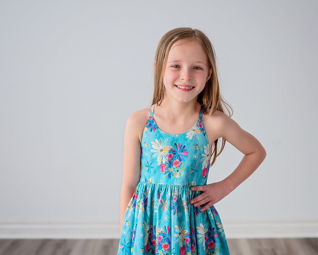 Girls Maxi or Midi Dress • Girls Aqua Blue Pink Floral Sun Dress ...
