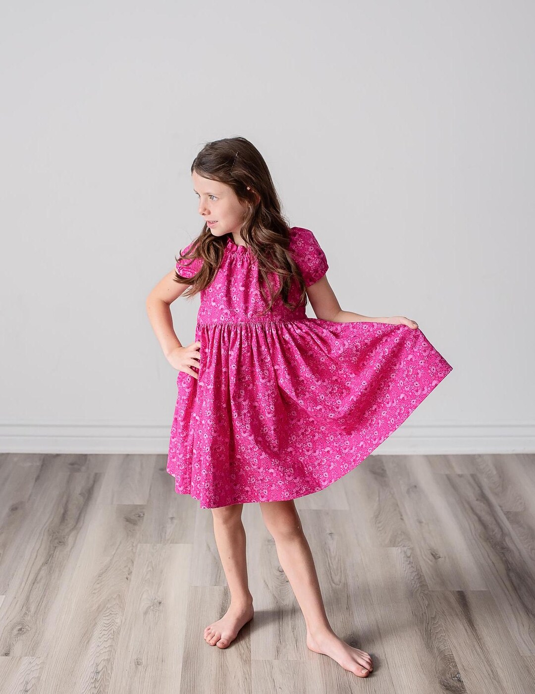 Girls Hot Pink Floral Dress Flutter Sleeves Long Maxi Midi Knee Lengths ...