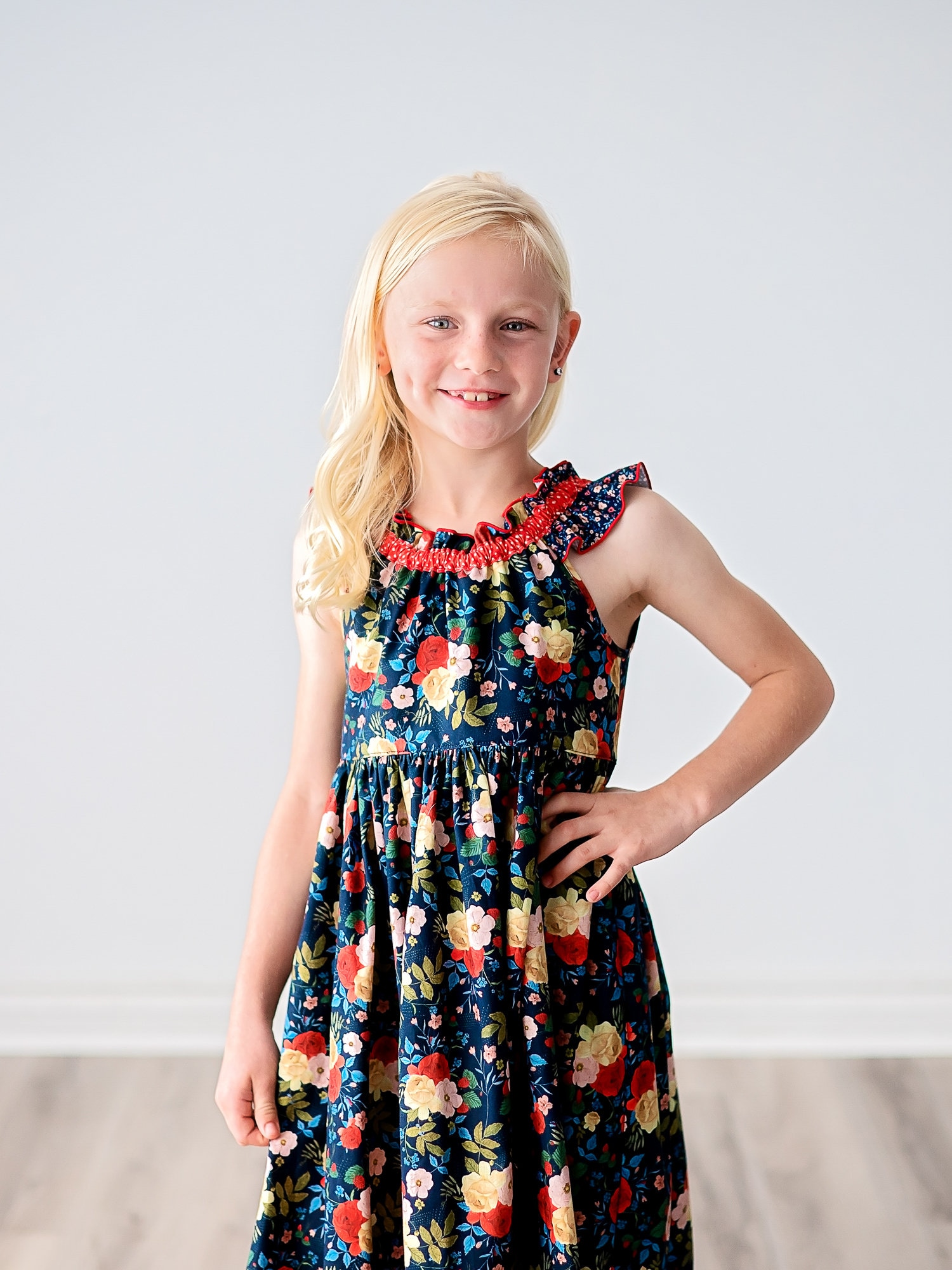 Girls Long Maxi or Midi Dress Girls Navy Red Blonde Yellow Floral Dress ...