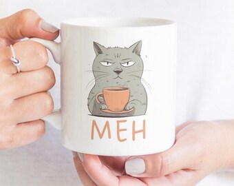 Meh Cat Mug Definition, Funny Cat Coffee Mug, Lazy Cat Cup, Grumpy Cat ...