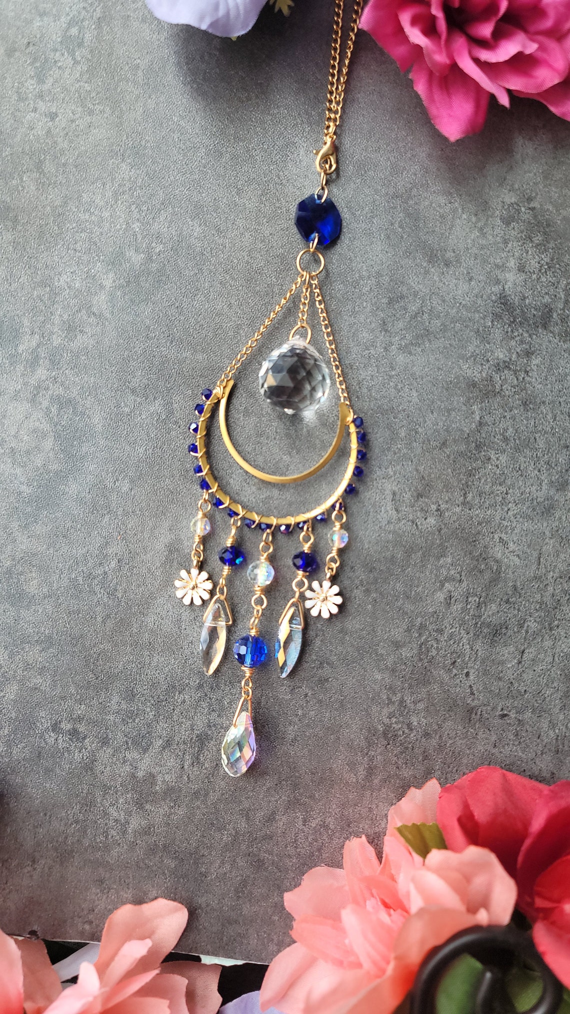 Brass Crescent Moon Blue Crystal and White Flower Mini Suncatcher Car ...