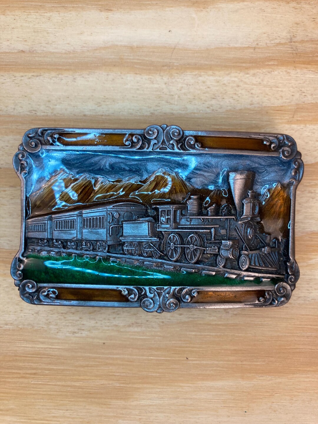 Vintage Belt Buckle Train Scene Enameled Brass Railroad Belt Buckle ...