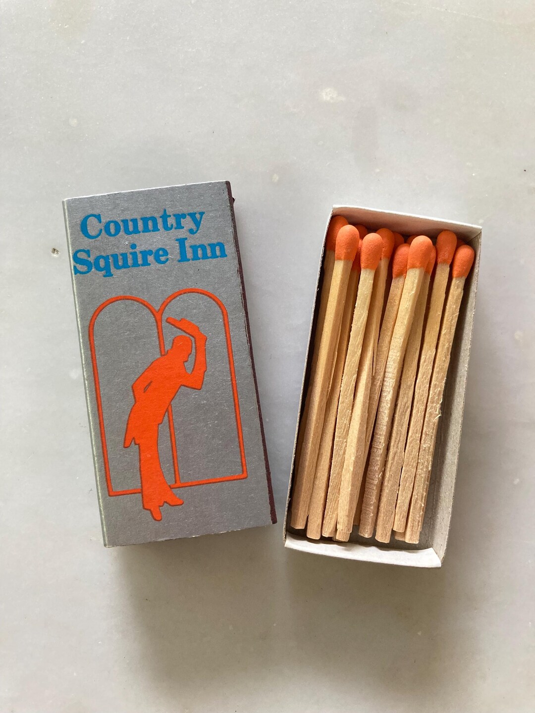 Vintage Country Squire Inn Matchbox - Silver, Orange and Blue Logo ...