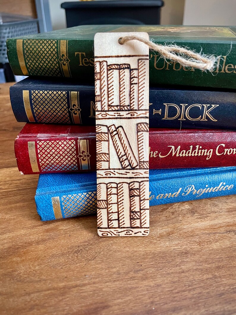 Wooden Bookmark - Bookcase Design - Pyrography - Woodburning - Bookish ...