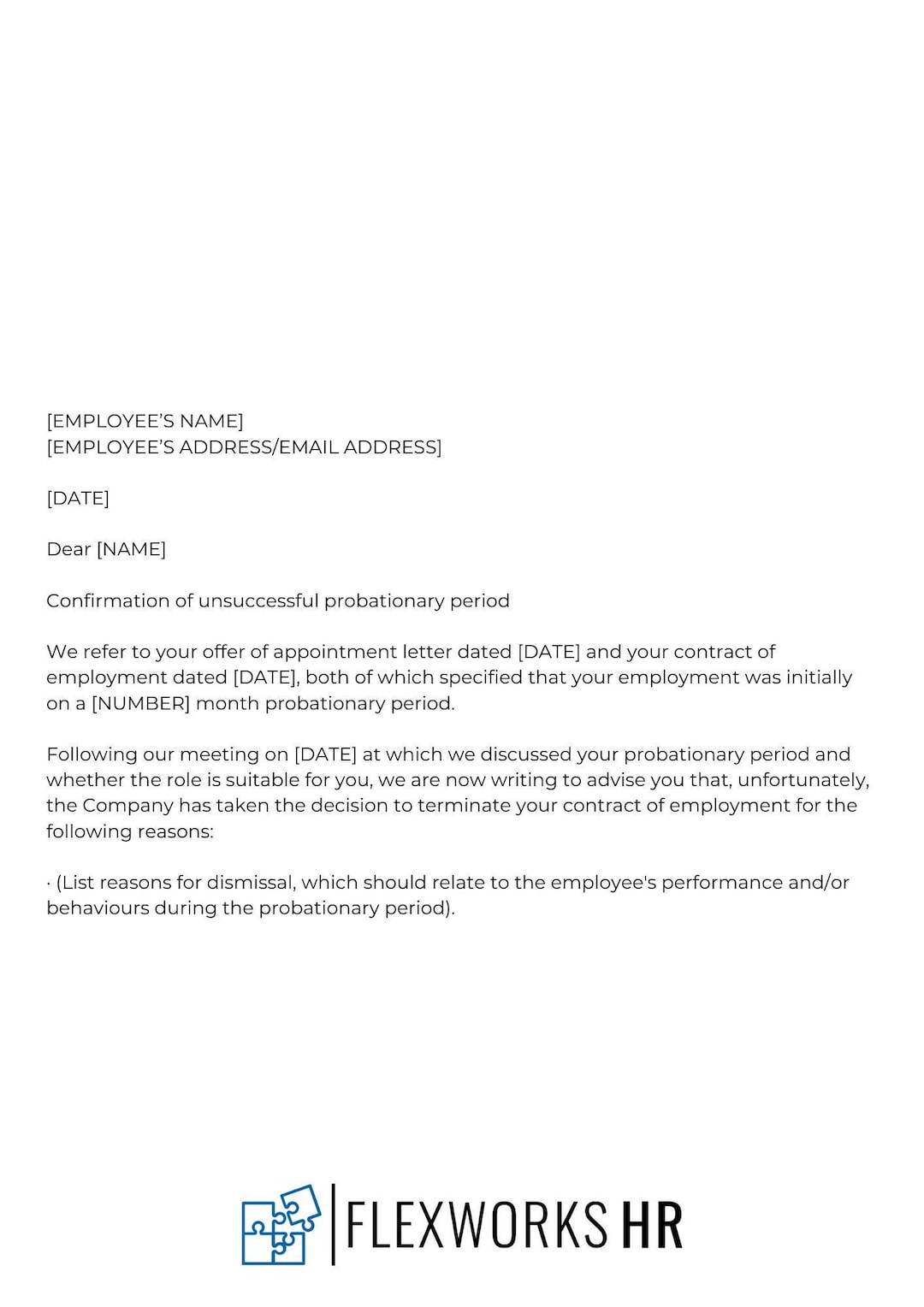 Letter to Employee Confirming Unsuccessful Probationary Period - Etsy