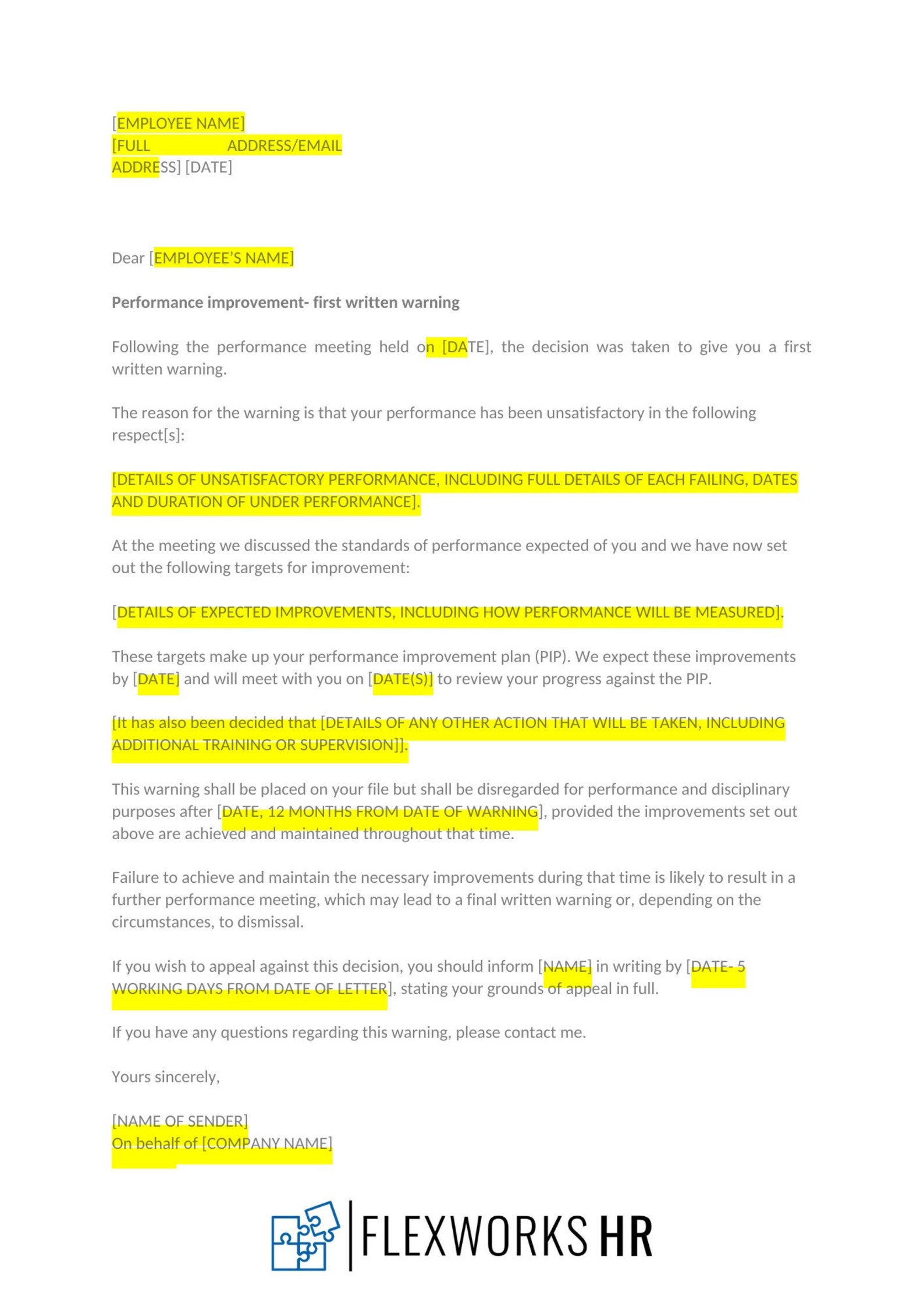 Employee Letter Confirming First Written Warning for Performance - Etsy