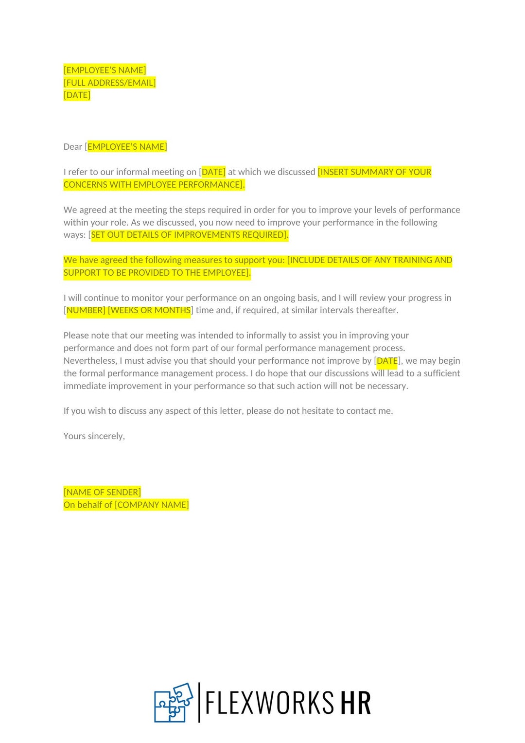 Employee Letter Confirming Informal Discussion of Performance Concerns ...