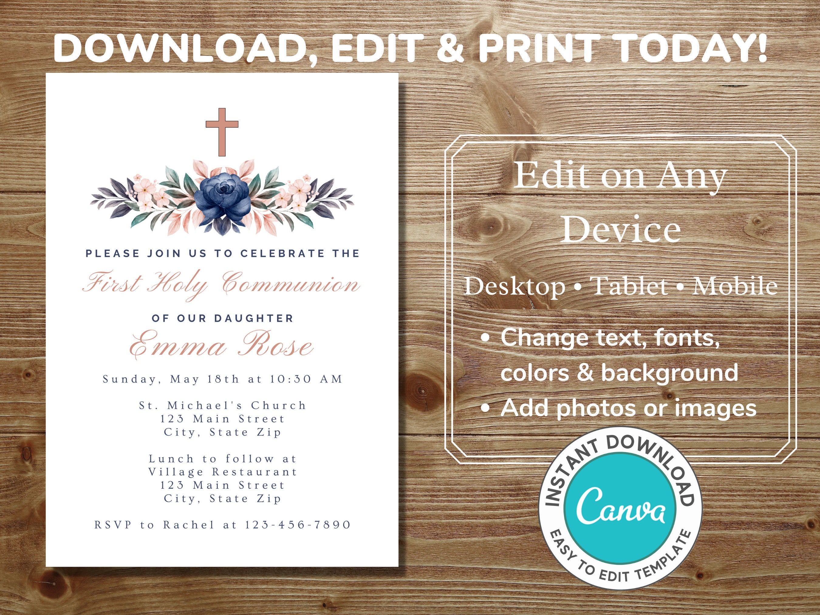 EDITABLE First Holy Communion Invitation, Floral Communion Party ...