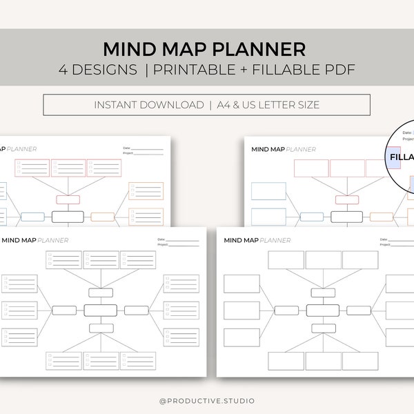 Minimalistic Mind Map Planner, Brainstorm Map, Mind Map Template, Printable Mind Map, Editable ...