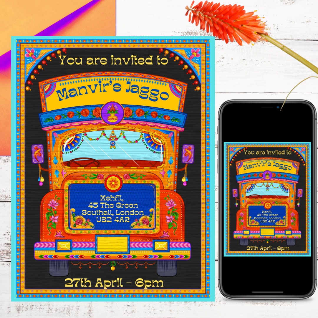 Retro Indian Wedding Invitation - Truck Art - Jagoo Sangeet Night or ...