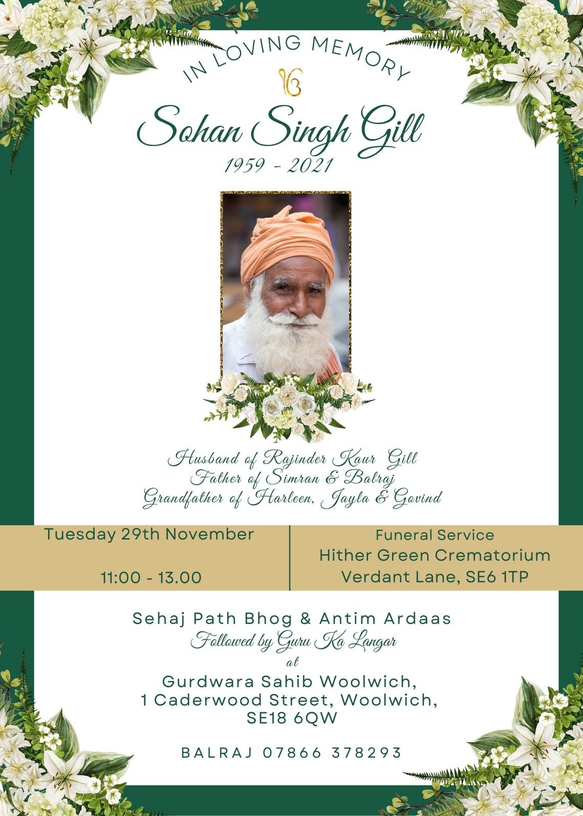 Sikh Funeral Programme Indian Funeral Invite Personalised - Etsy UK
