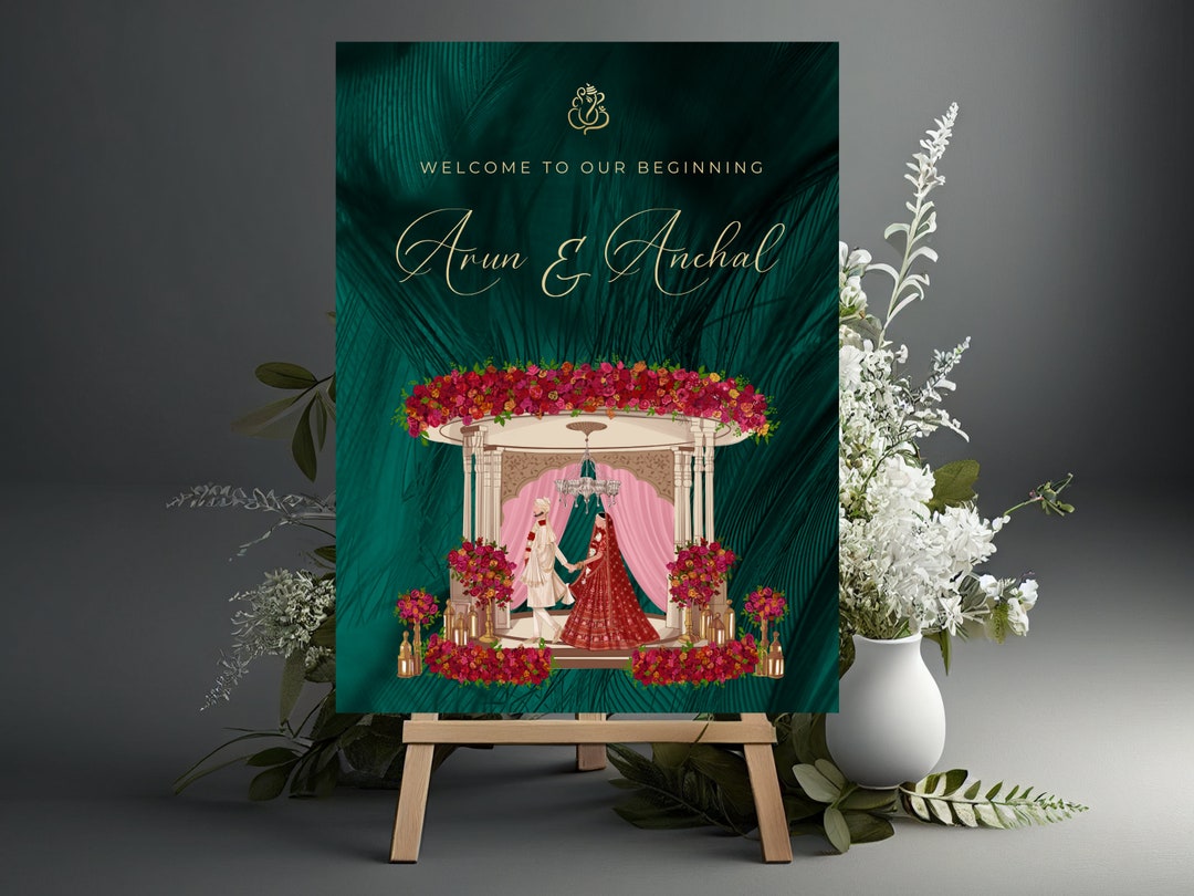 Indian Wedding Welcome Sign With Couple Illustration | Hindu Wedding ...
