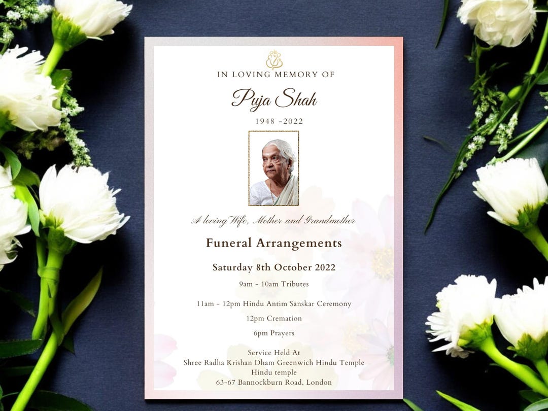 Hindu Funeral Program Announcement Invitation Template, Funeral Details ...
