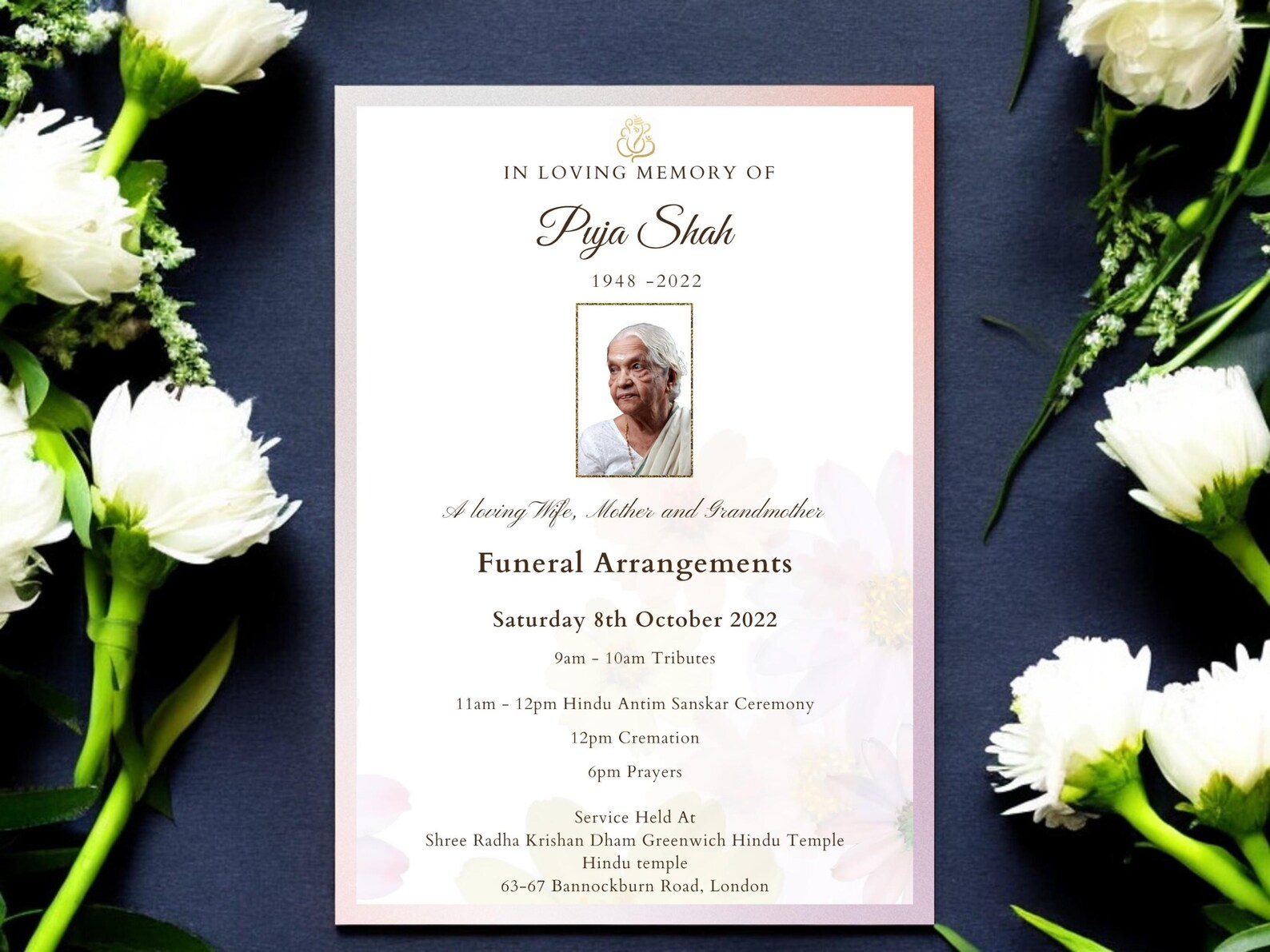 Hindu Funeral Program Announcement Invitation Template, Funeral Details ...